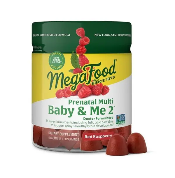 MEGAFOOD Baby And Me 2 Prenatal Gummies Folic Acid And Choline 60 Raspberry Gummies