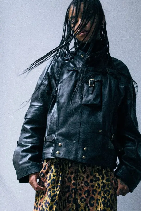 R13 Oversized Cropped Messenger Leather Jacket