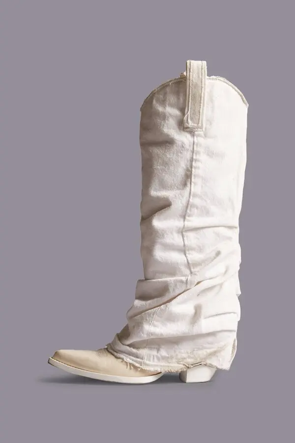 R13 Mid Cowboy Boots With Denim Sleeve - White Denim