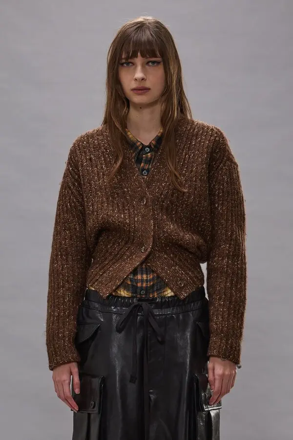R13 Split Hem Ribbed Cardigan - Heather Brown