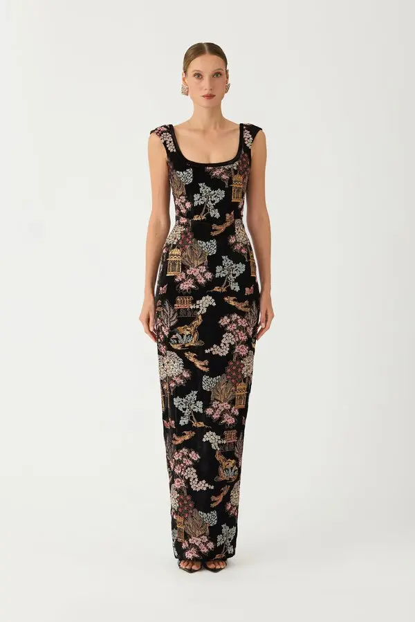 SAU LEE Brooke Embroidered Gown - Black Multi