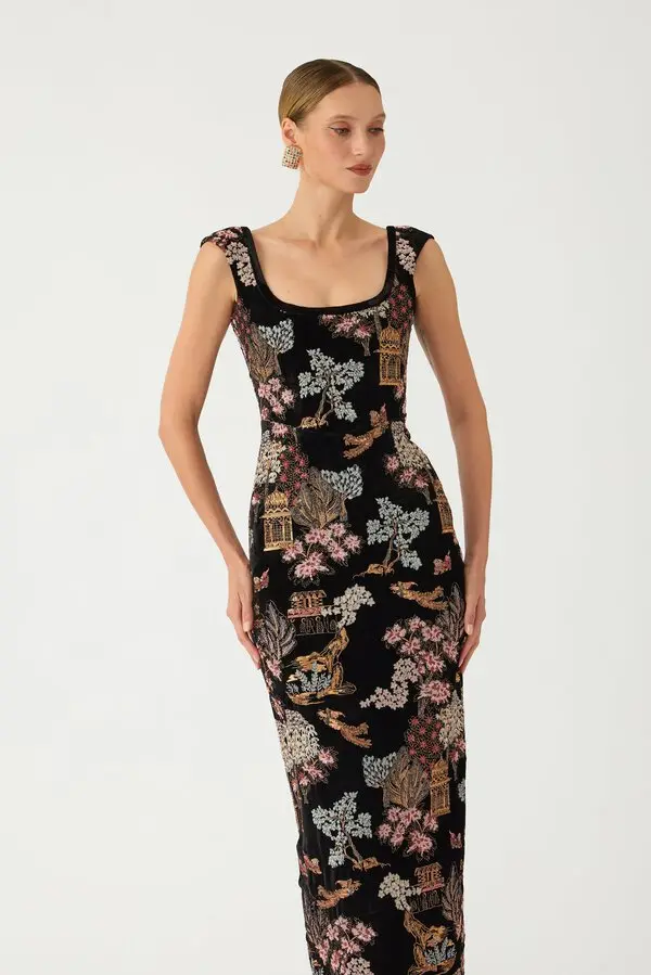 SAU LEE Brooke Embroidered Gown - Black Multi
