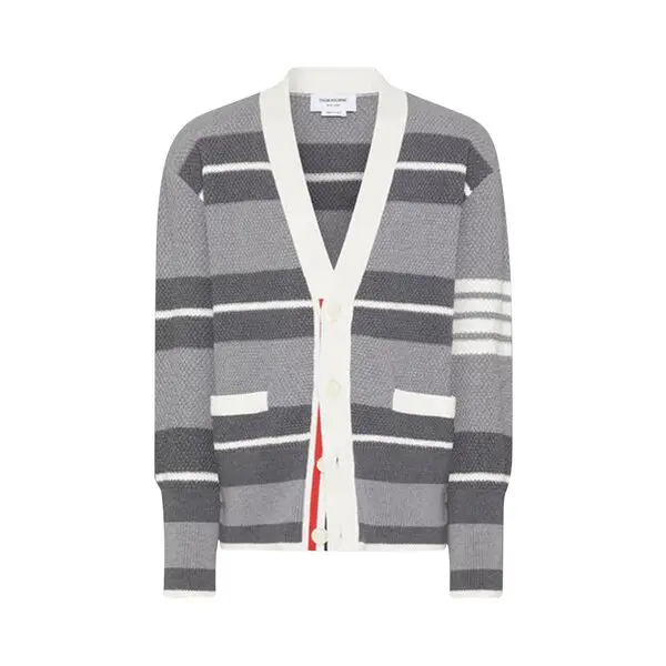 Thom Browne Classic Stripe Seed Stitch Neck Cardigan 'medium - Grey