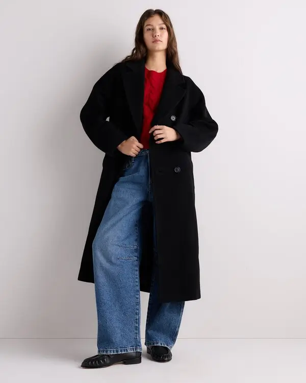 Quince Wool Cashmere Double-breasted Belted Long Coat - Black