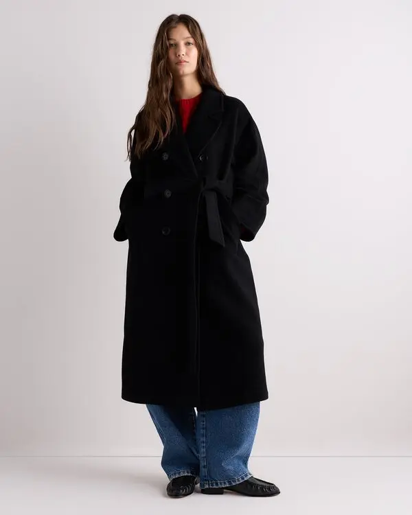 Quince Wool Cashmere Double-breasted Belted Long Coat - Black