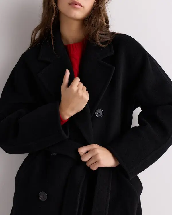 Quince Wool Cashmere Double-breasted Belted Long Coat - Black