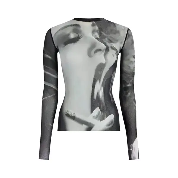 JEAN PAUL GAULTIER Mesh Long Sleeves Top Printed "smoking Women" /grey/white