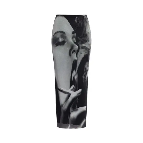 JEAN PAUL GAULTIER Mesh Long Skirt Printed "smoking Women" /grey/white - Black