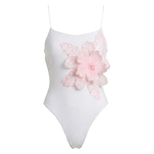 ETTIE Swimsuit With Beaded Flower Applique - White