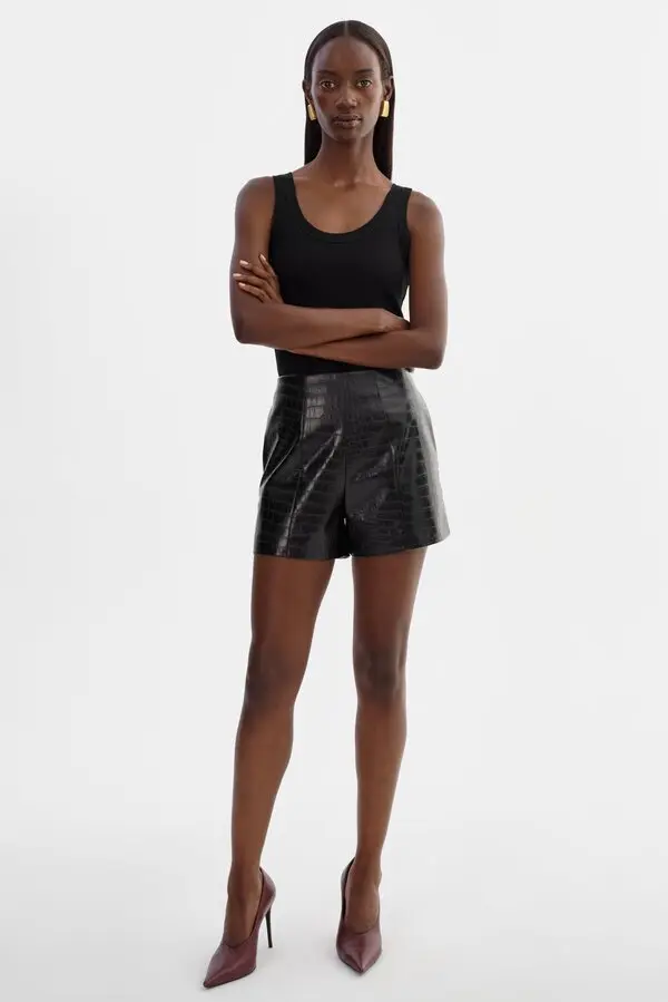 LAMARQUE Esther Faux Leather Croco Shorts - Black