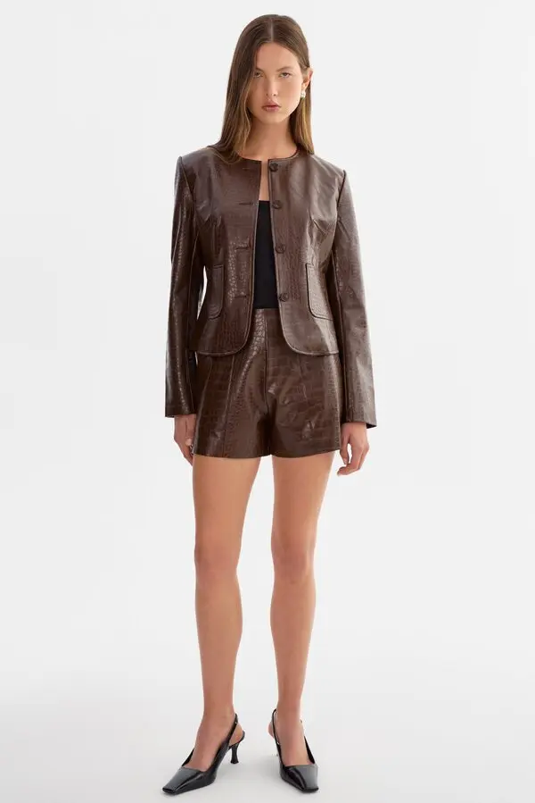 LAMARQUE Esther Faux Leather Croco Shorts - Brown