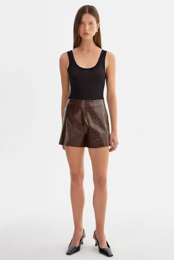 LAMARQUE Esther Faux Leather Croco Shorts - Brown
