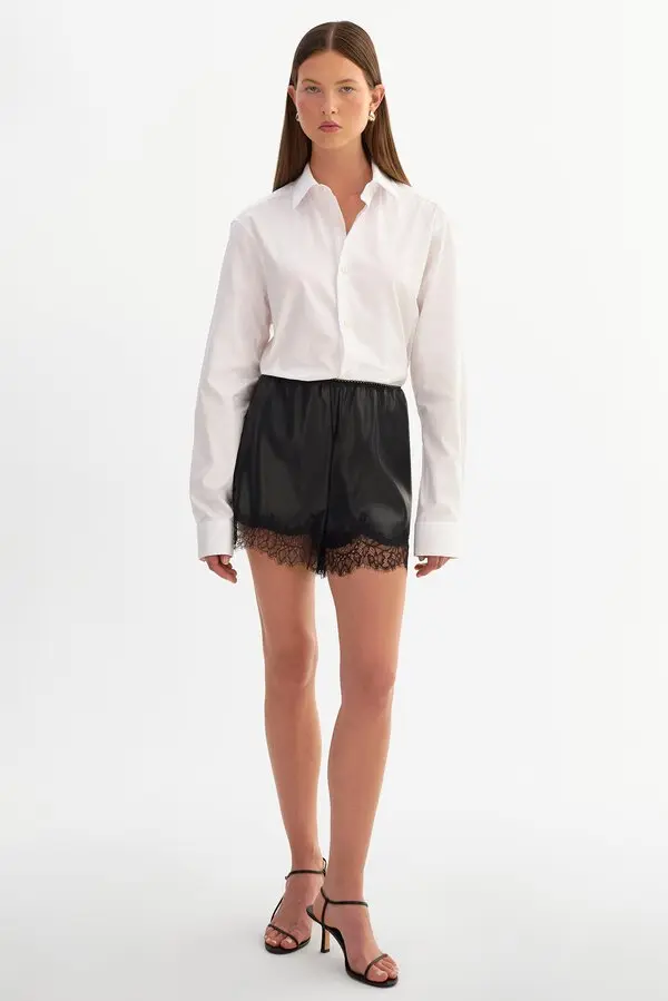 LAMARQUE Farah Lace Trim Faux Leather Shorts - Black