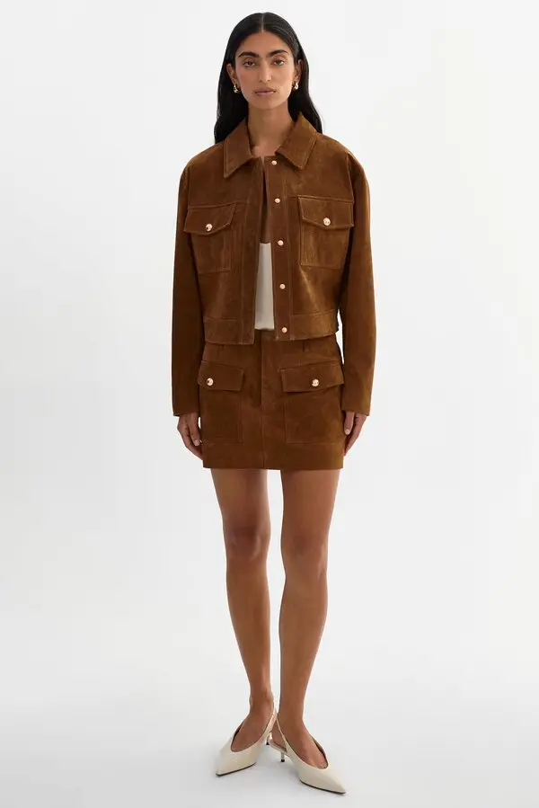 LAMARQUE Kasia Genuine Suede Cargo Skirt - Caramel