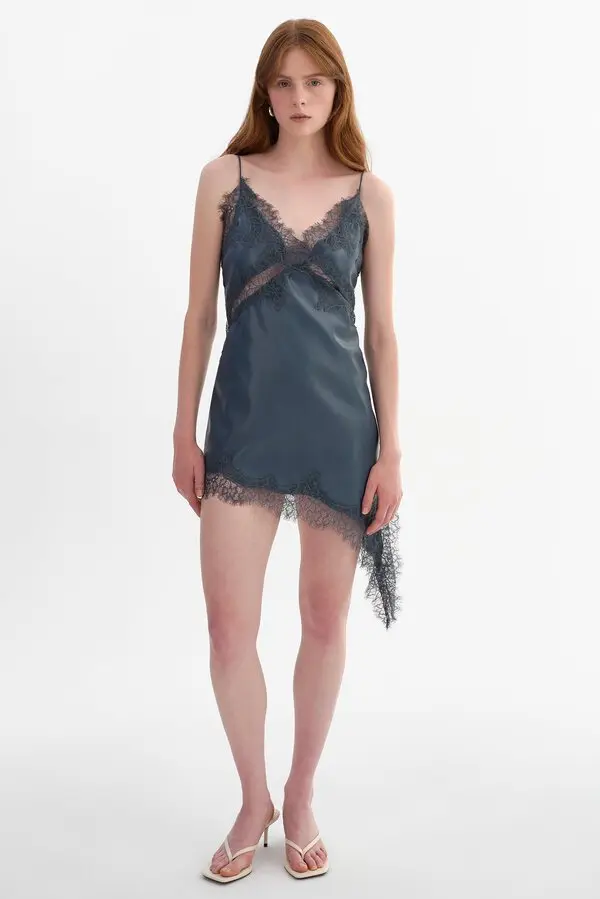 LAMARQUE Paulina Lace Trim Faux Leather Mini Dress - Graphite