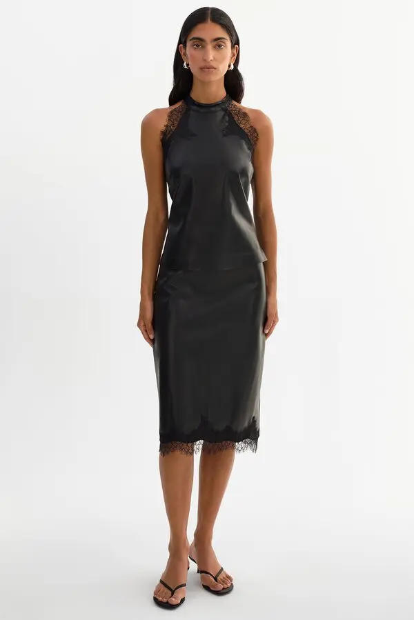LAMARQUE Sonja Lace Trim Faux Leather Skirt - Black