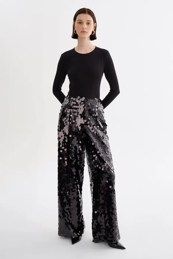 LAMARQUE Stacy Sequin Wide Leg Pants - Black