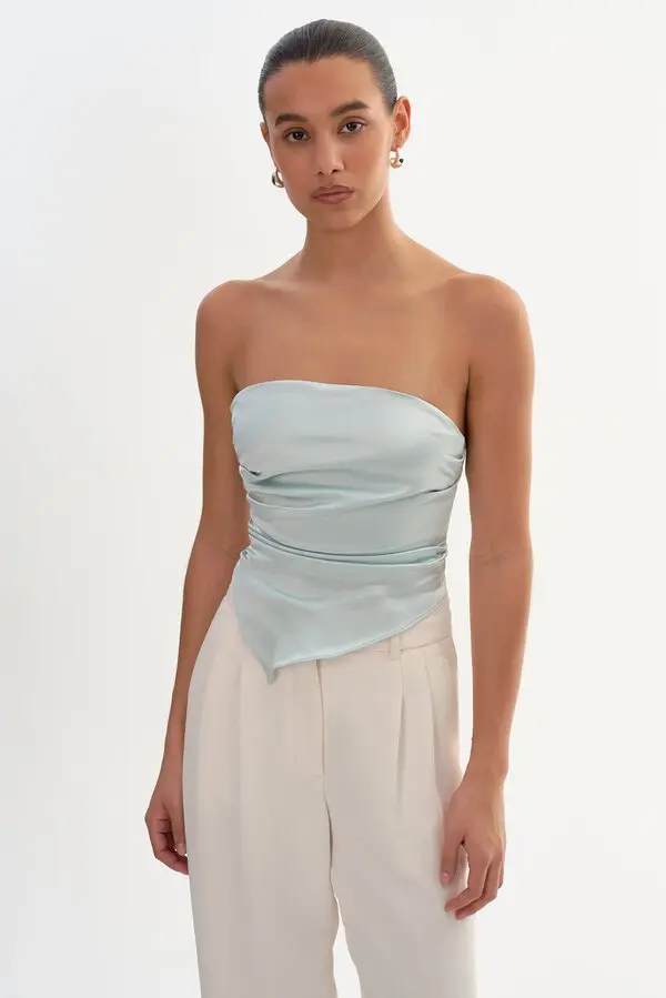 LAMARQUE Baila Asymmetric Satin Scarf Top - Light Blue