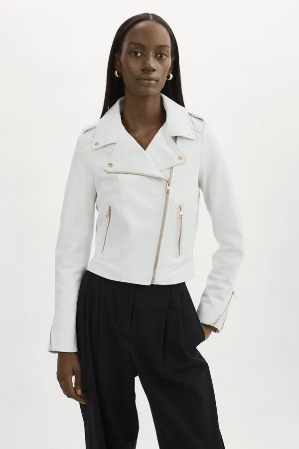 LAMARQUE Donna Gold Iconic Leather Biker Jacket - White