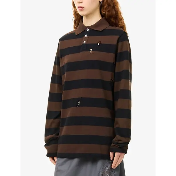 Gimaguas Striped Distressed Cotton Polo Top