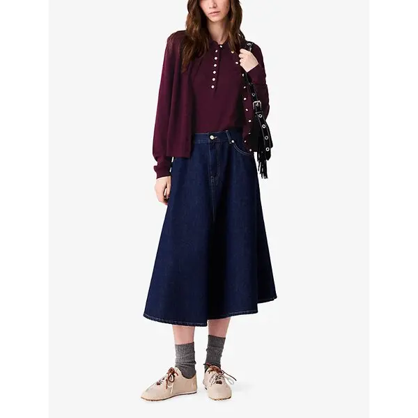Maje Flared Denim Midi Skirt