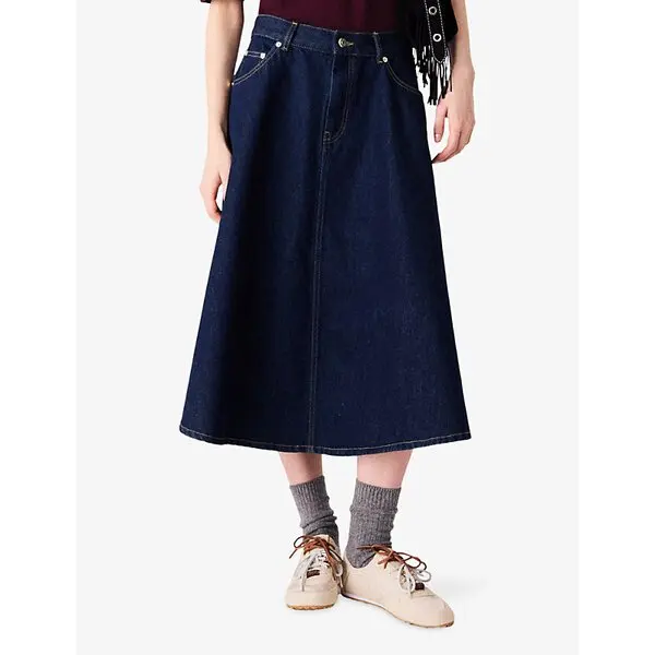 Maje Flared Denim Midi Skirt
