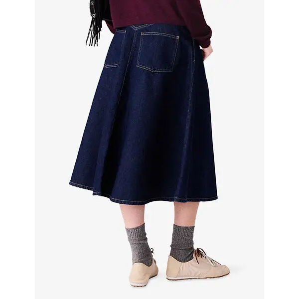 Maje Flared Denim Midi Skirt