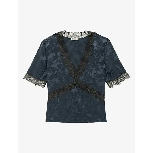 Zadig&Voltaire Tedoxa V-neck Jacquard-print Silk Top - Encre