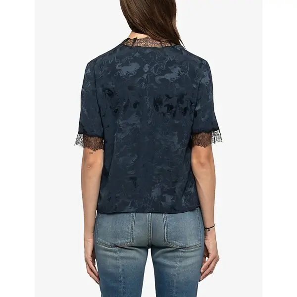 Zadig&Voltaire Tedoxa V-neck Jacquard-print Silk Top - Encre