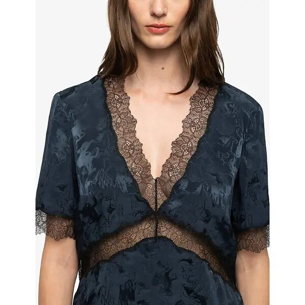 Zadig&Voltaire Tedoxa V-neck Jacquard-print Silk Top - Encre