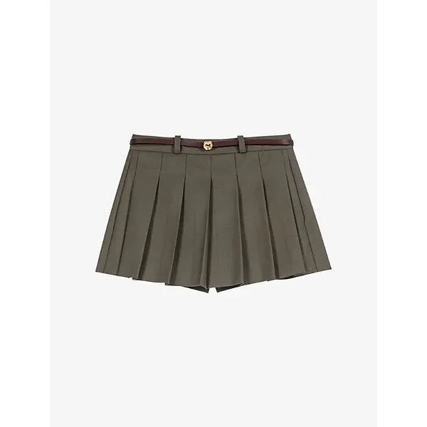 Maje Pleated Belted-waist Stretch Wool-blend Mini Skirt