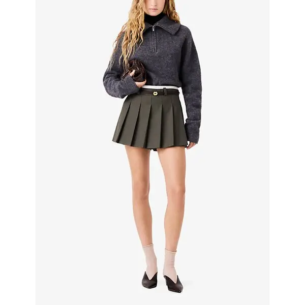 Maje Pleated Belted-waist Stretch Wool-blend Mini Skirt