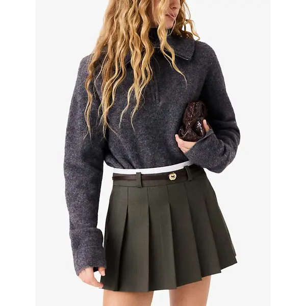 Maje Pleated Belted-waist Stretch Wool-blend Mini Skirt