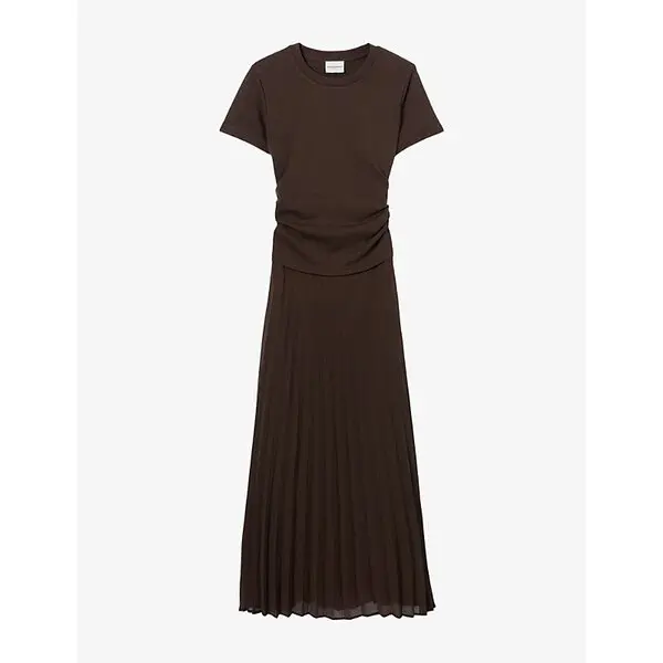 Claudie Pierlot Pleated Semi-sheer Jersey Midi Dress - Chocolate