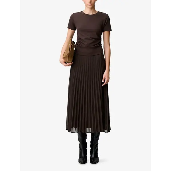 Claudie Pierlot Pleated Semi-sheer Jersey Midi Dress - Chocolate