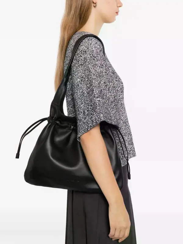 AGNES B. Sheepskin Drawstring Shoulder Tote Bag - Black