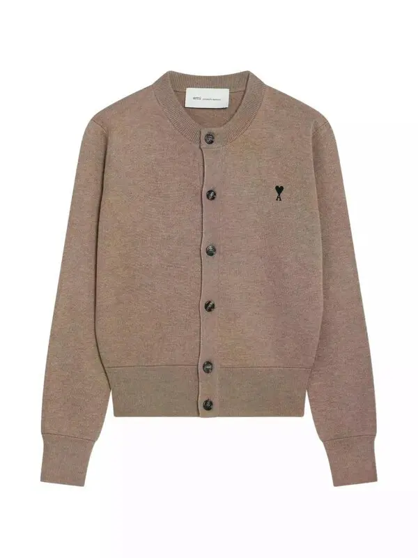 AMI Paris Beige Crewneck Wool Cardigan With De Coeur