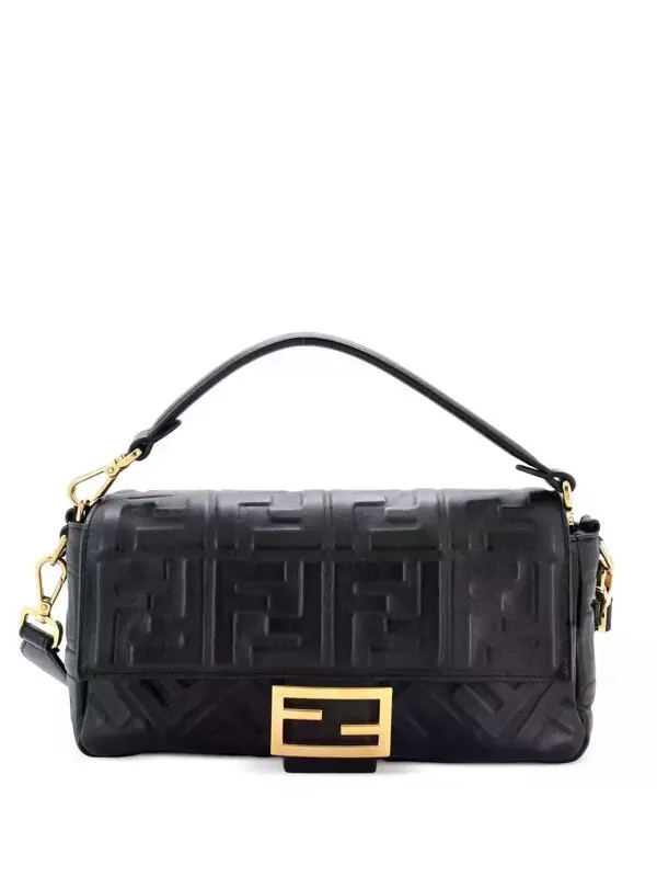 Fendi Baguette Nm Bag Zucca Embossed Leather Medium Crossbody Bag - Black