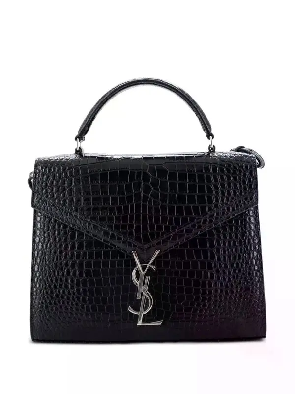 Saint Laurent Cassandra Top Handle Bag Crocodile Embossed Leather Medium Satchel - Black
