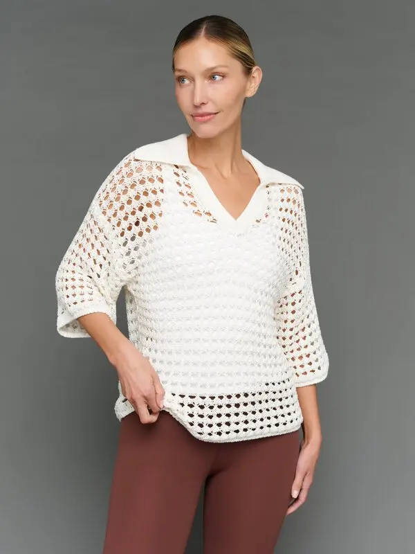 Carbon38 Open Knit Polo Sweater - White