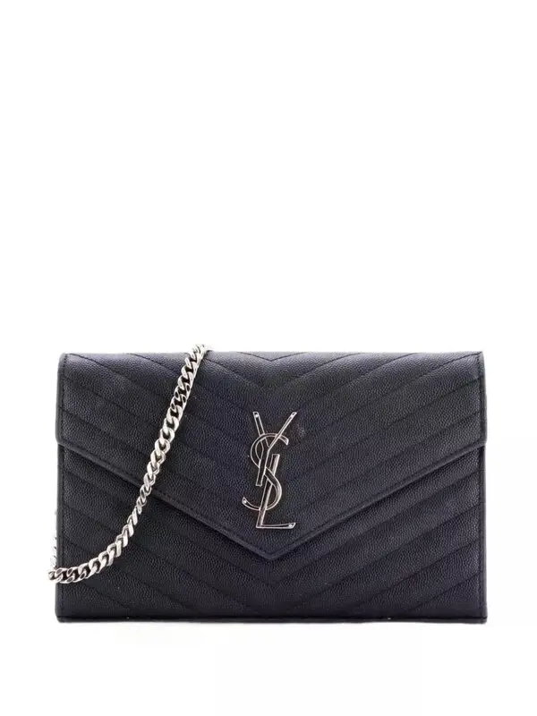 Saint Laurent Classic Monogram Wallet On Chain Matelasse Chevron Leather Medium Crossbody Bag - Black