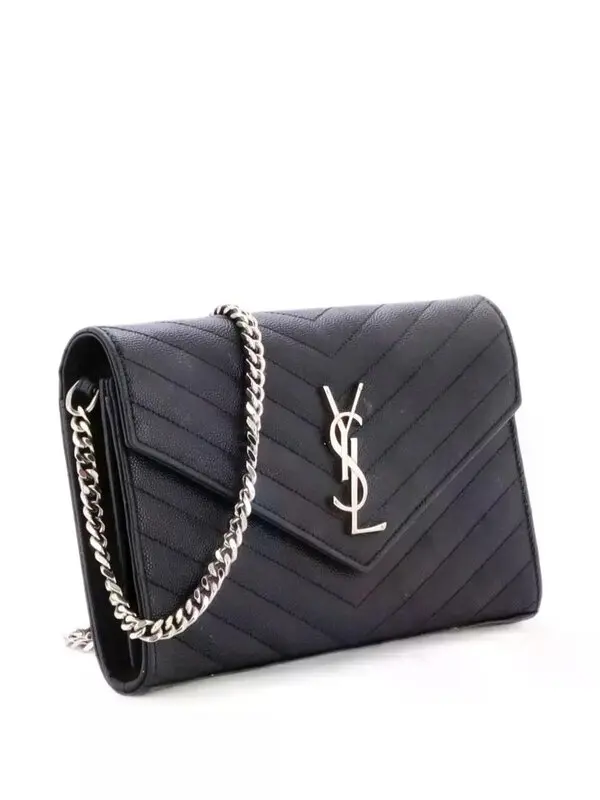 Saint Laurent Classic Monogram Wallet On Chain Matelasse Chevron Leather Medium Crossbody Bag - Black