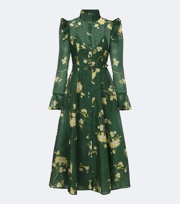 LEO LIN Katrina Floral Linen And Silk Midi Dress - Green