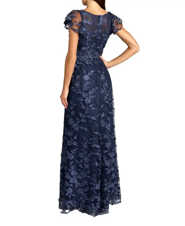 Mac Duggal Petite Floral Embroidered Lace Flutter Sleeve Gown - Midnight