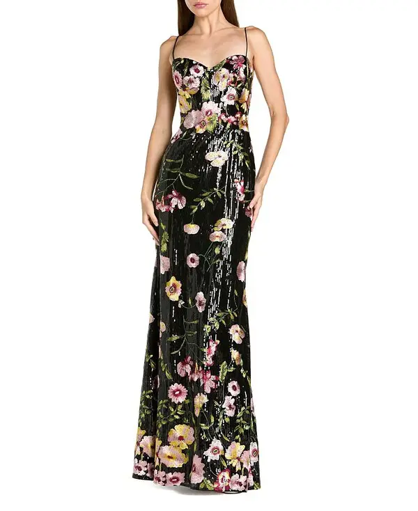 Mac Duggal Petite Sleeveless Bustier Floral Applique Gown - Black Multi