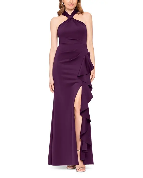 Aqua Knot Neck Pleated Waist Gown Exclusive - Plum