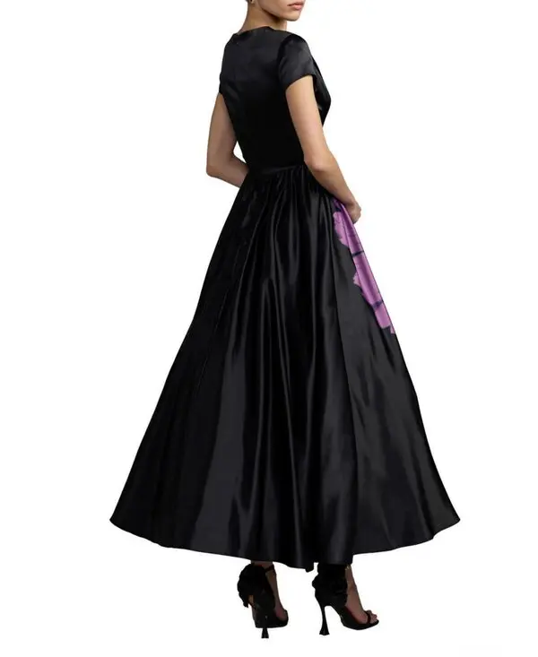 Mac Duggal Satin Cap Sleeve Floral Printed A-line Dress