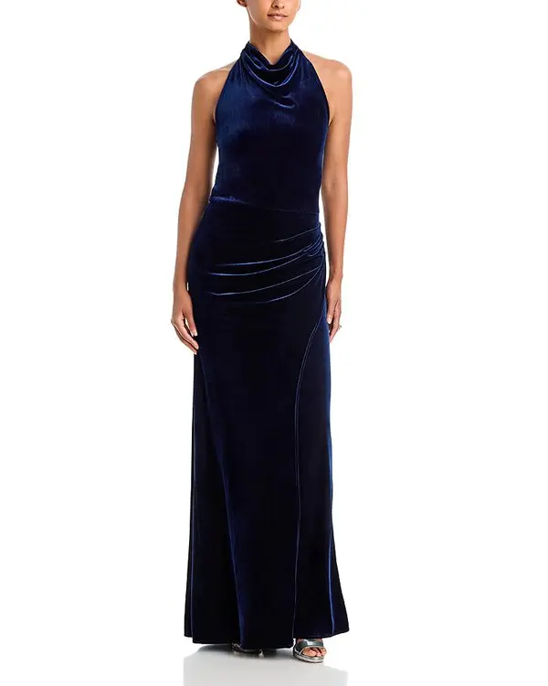 Aqua Drape Halter Ruched Back Velvet Gown Exclusive