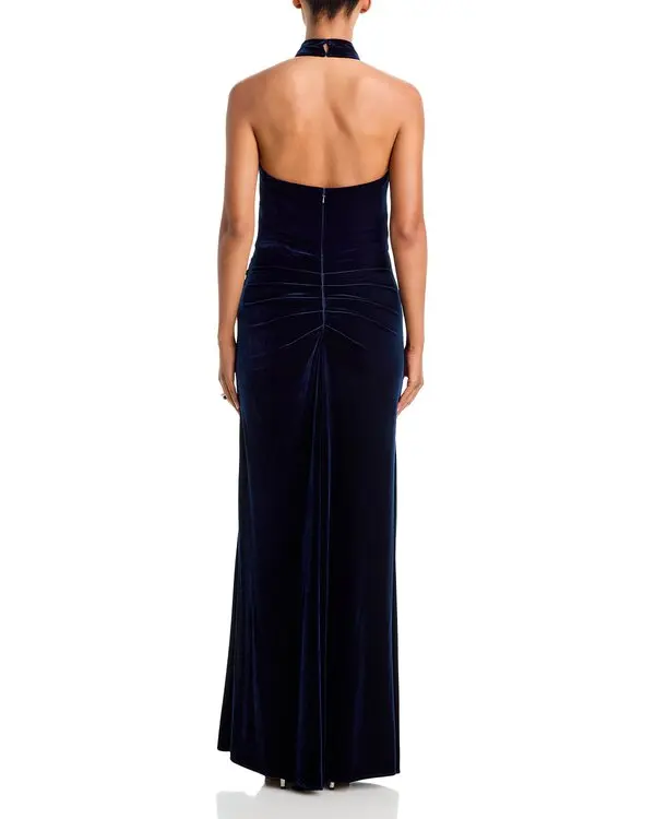 Aqua Drape Halter Ruched Back Velvet Gown Exclusive