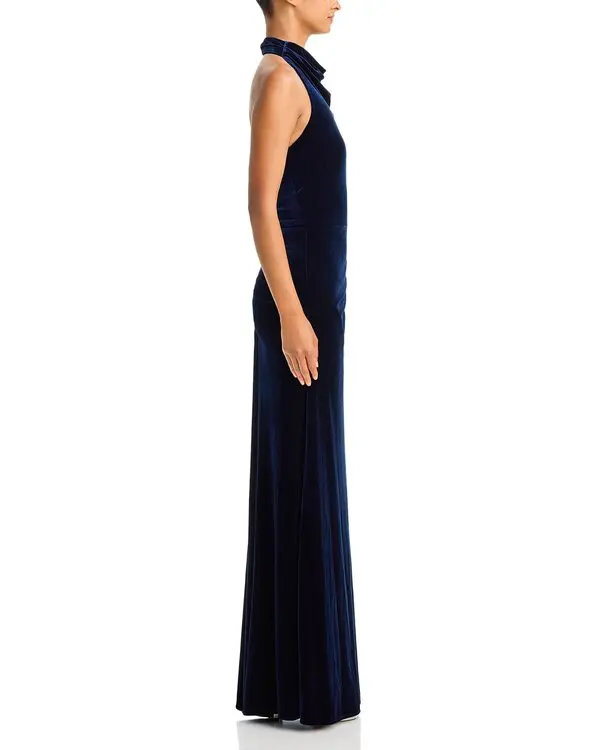 Aqua Drape Halter Ruched Back Velvet Gown Exclusive
